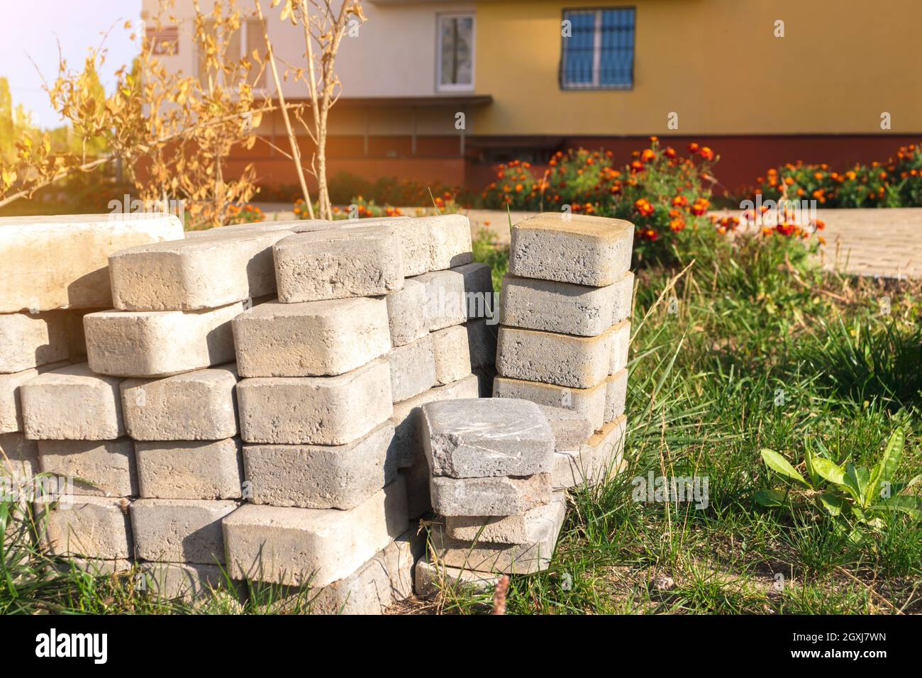 Stacks of the paving slabs close-up view photo Stock Photo - Alamy