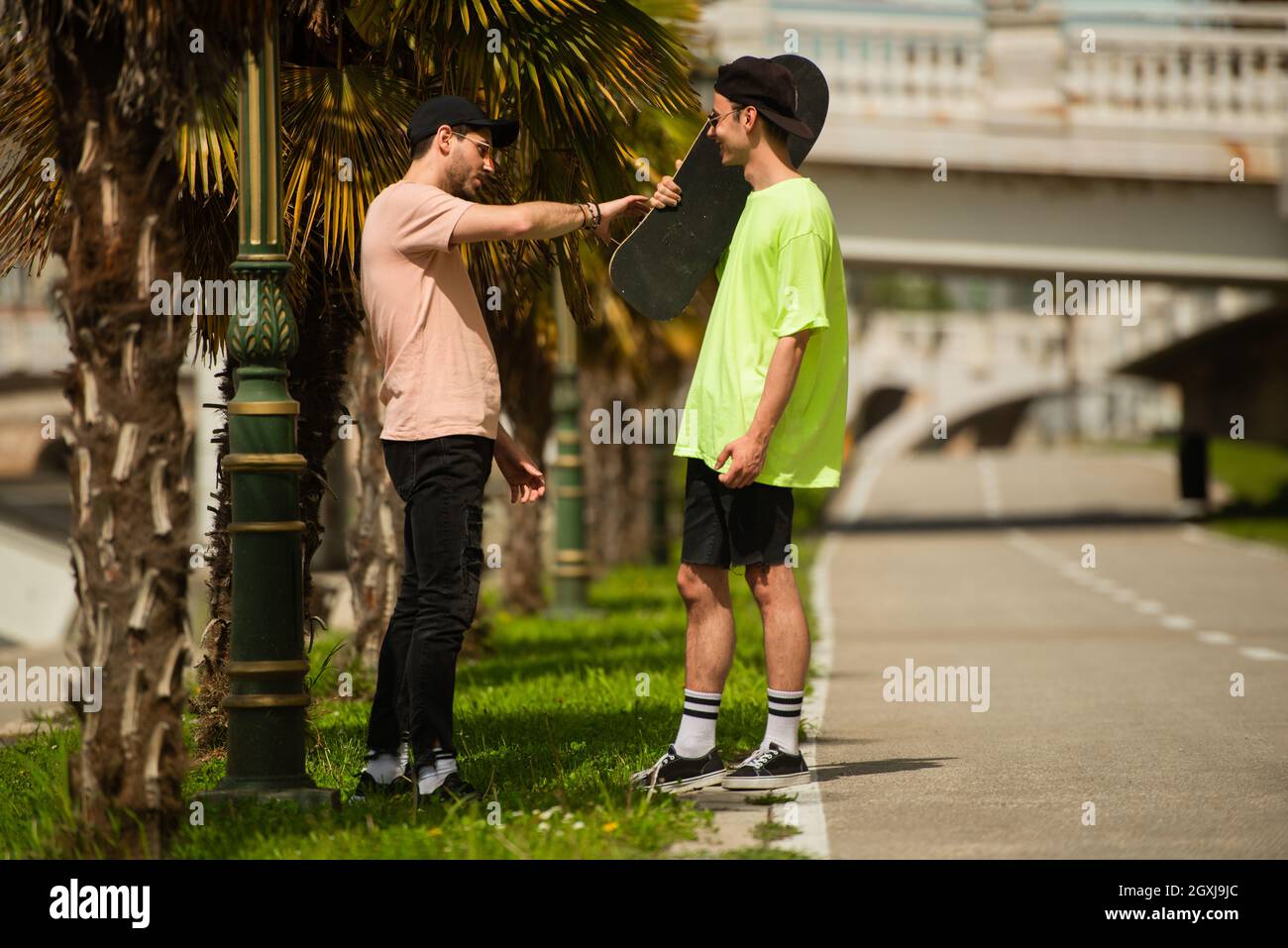 Two handsome male friends are talking under the tree Stock Photo - Alamy