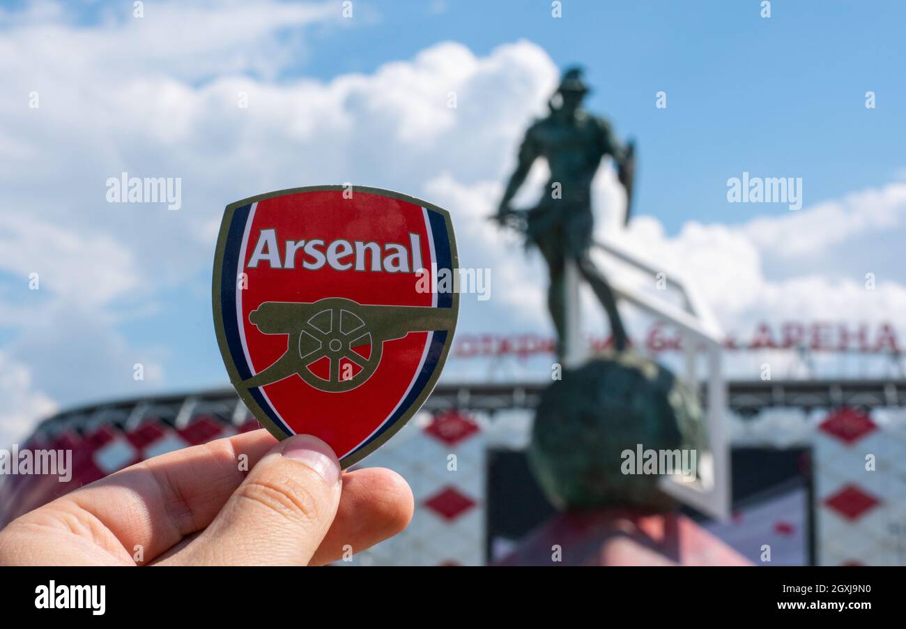 June 14, 2021 London, UK. Arsenal F.C. football club emblem against the ...