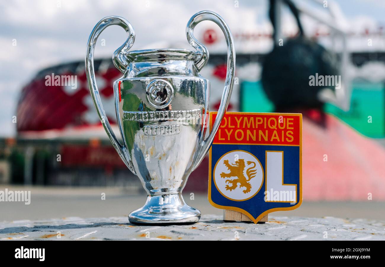 June 14, 2021, Lyon, France. The emblem of the football club Olympique ...