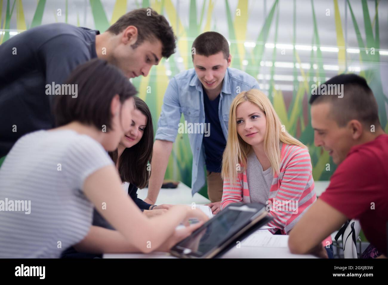 students group study together in school classroom and working together ...