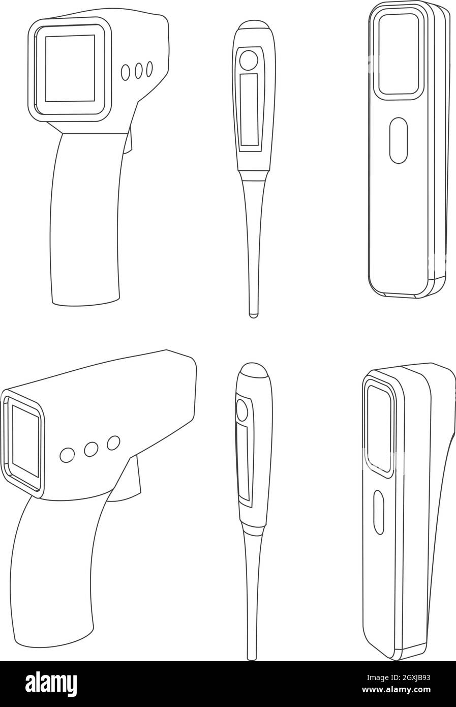 Vector set of digital thermometers, temperature check gun devices Stock ...