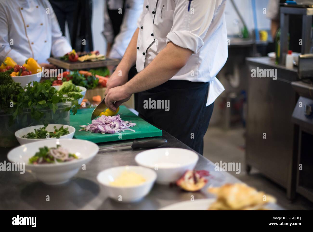 Professional team cooks and chefs preparing meal at busy hotel or ...