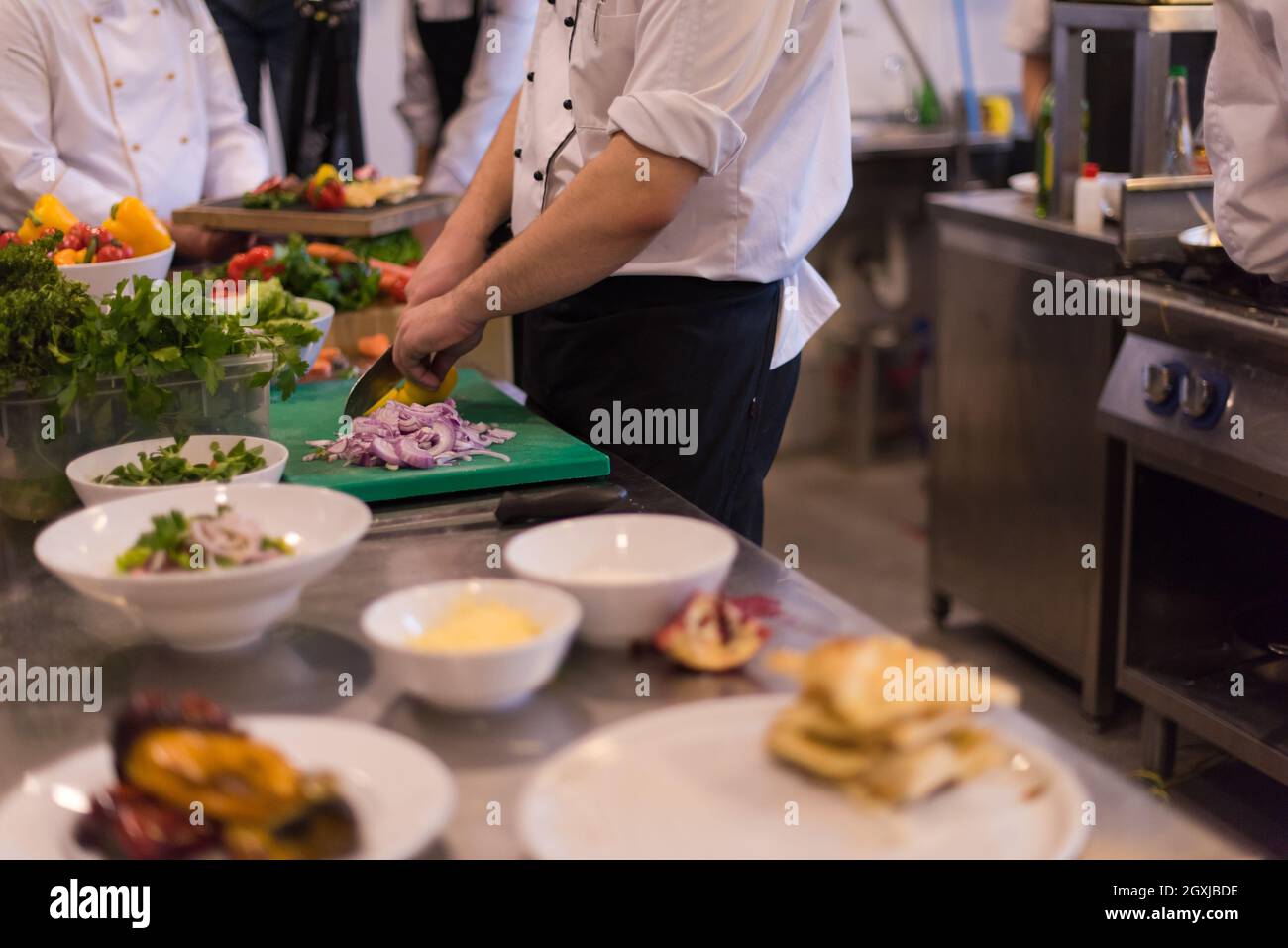 Professional team cooks and chefs preparing meal at busy hotel or ...