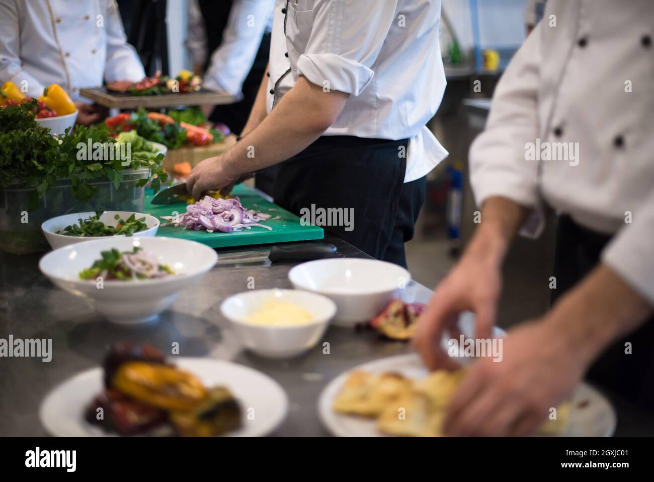 Professional team cooks and chefs preparing meal at busy hotel or ...