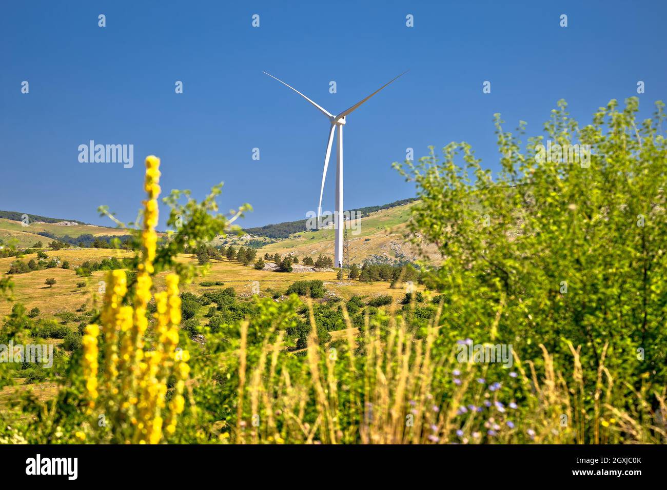 Wind power plant turbines on Velebit mountain region karst, windy area ...