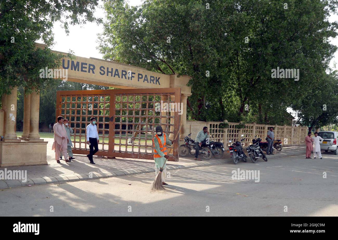 Workers busy in preparation work for funeral prayer of legendary comedian Umer Sharif, who was ...