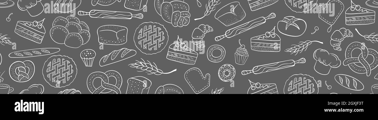 Bakery seamless horizontal border. Hand drawn pastry doodles. Cafe and ...