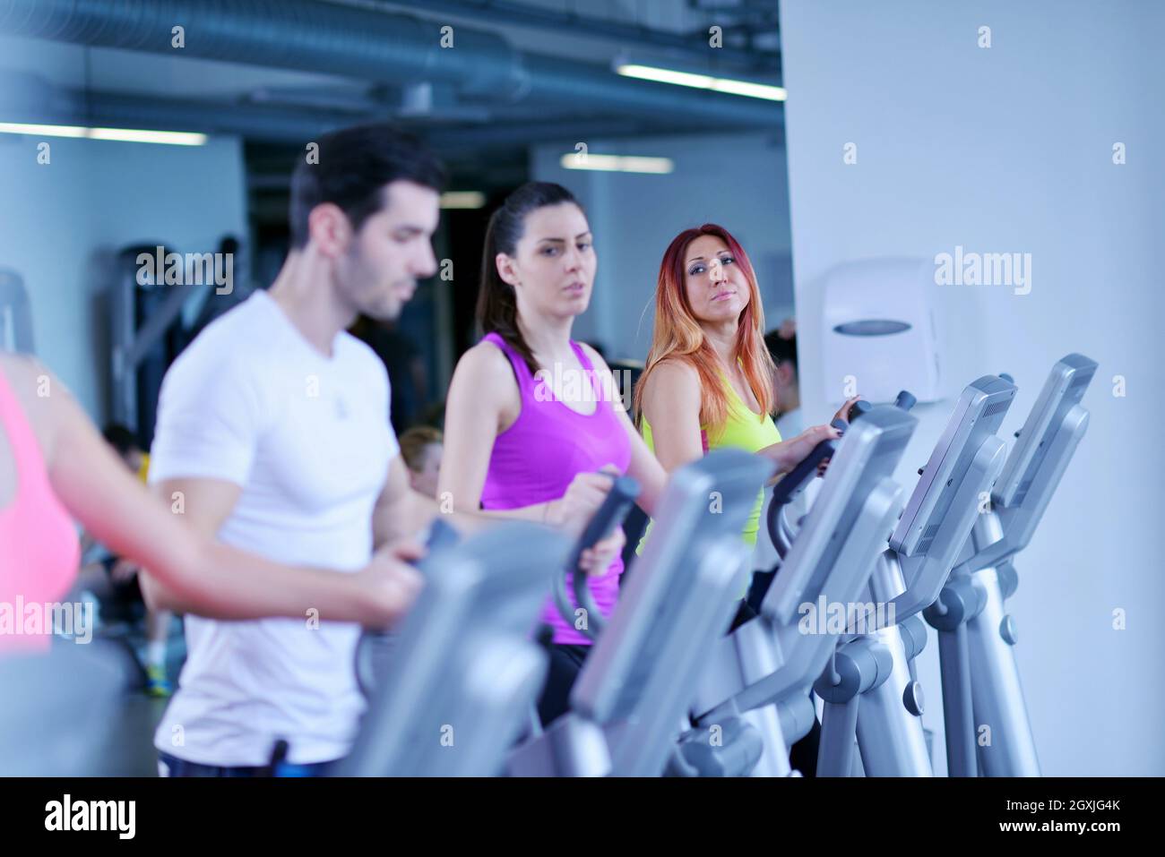 group of young people running on treadmills in modern sport gym Stock ...