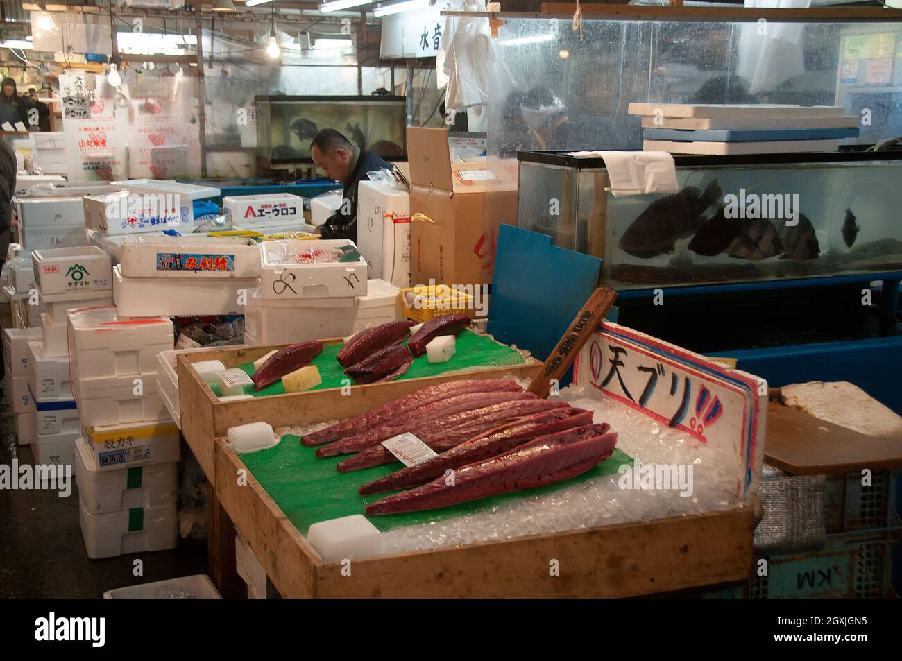 Fresh fish for sale at the old Tsukiji Fish Market, Tokyo, Japan Stock ...