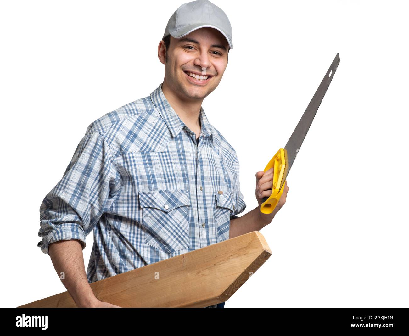 Smiling carpenter with his tools isolated on white Stock Photo - Alamy