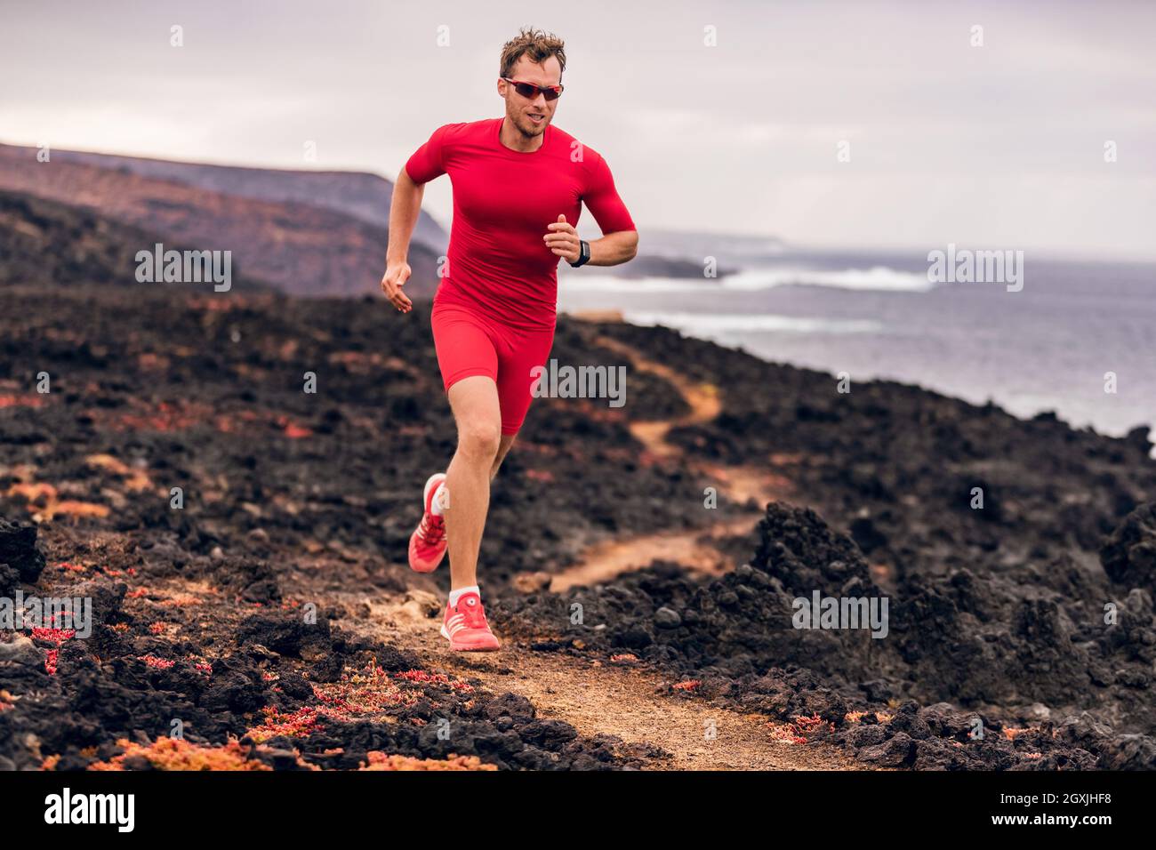 Mountain running ultra runner man athlete training cardio outdoor in ...