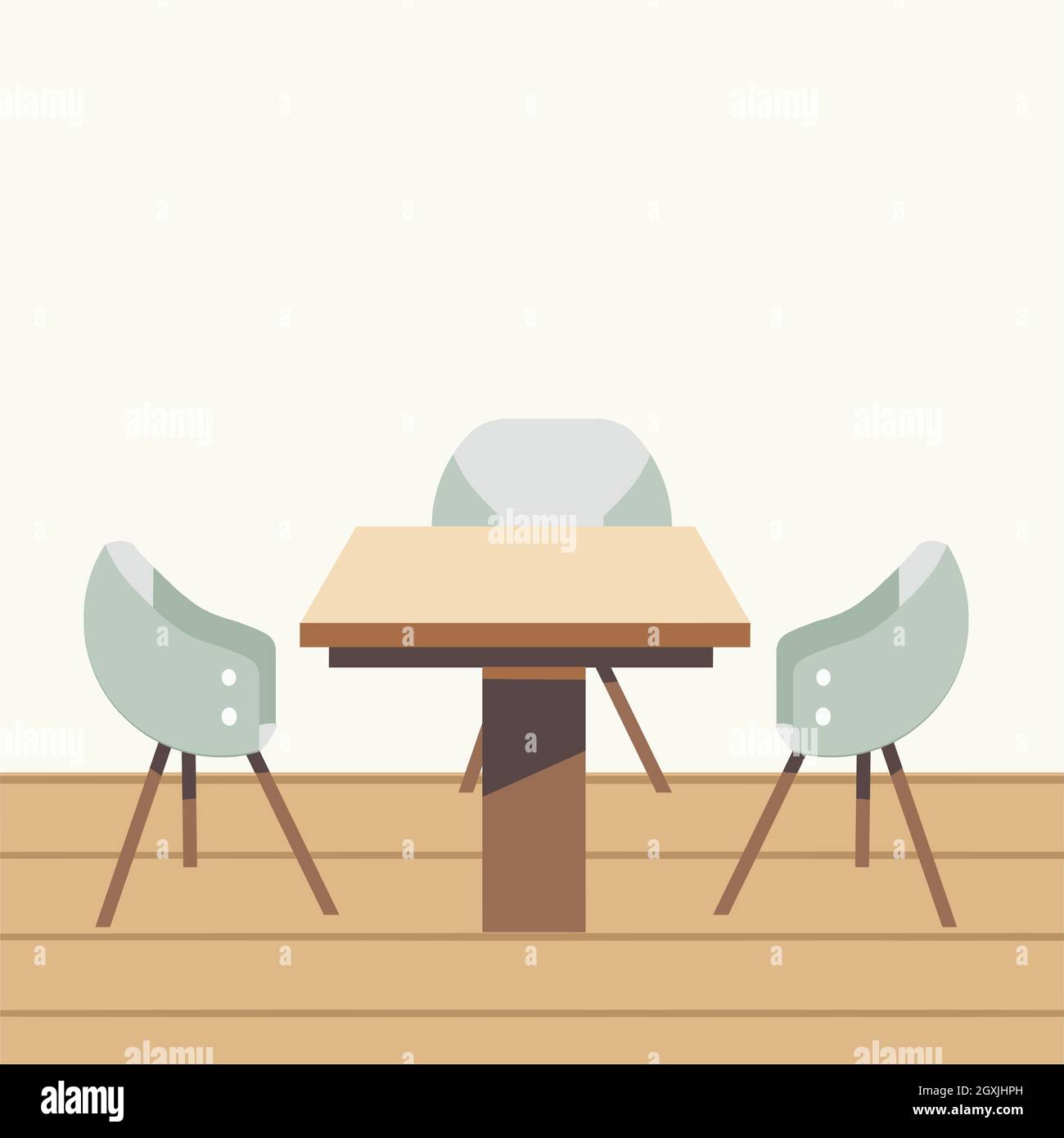 Modern table chair furniture set from the cafe interior scene. Flat colour isolated illustration ...
