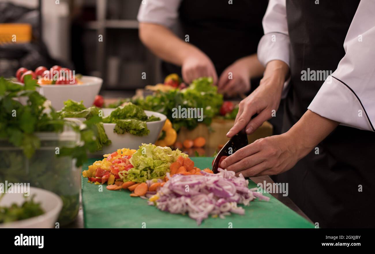 Professional team cooks and chefs preparing meal at busy hotel or ...