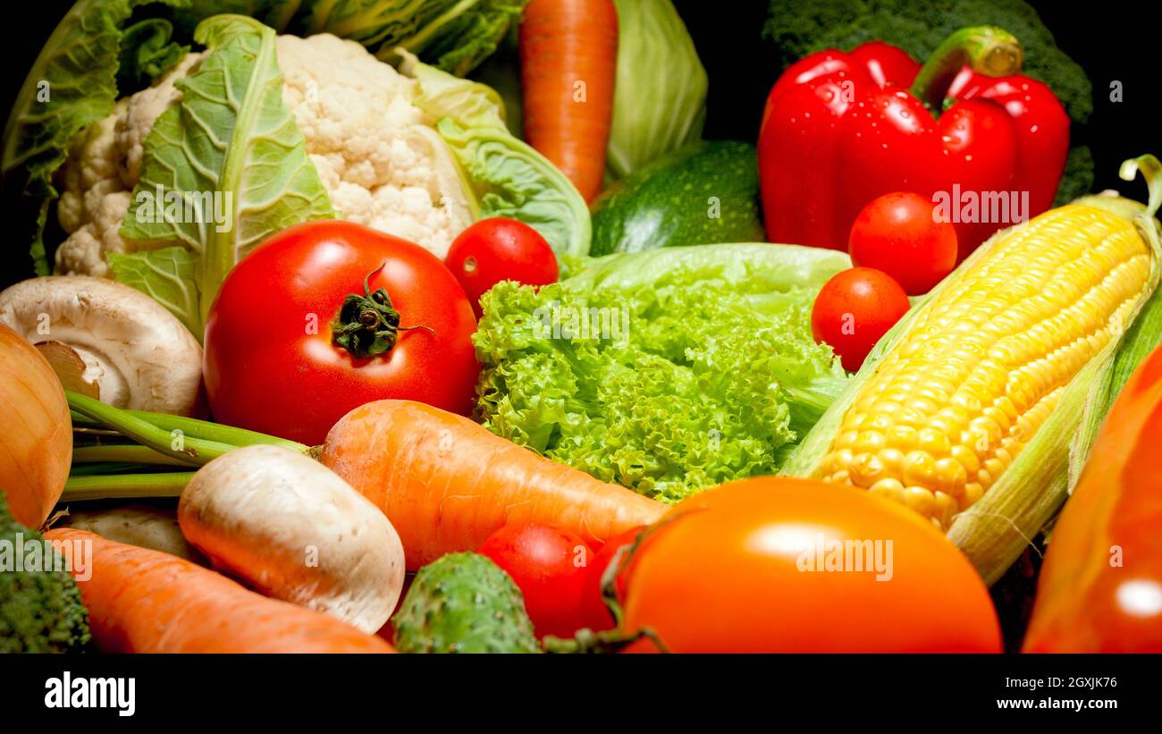 Closeup image of big assortment of resh vegetable from garden over ...