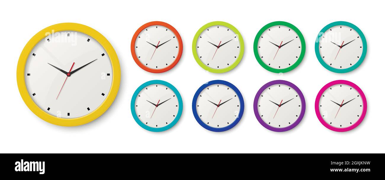 Vector 3d Realistic Color Wall Office Clock Icon Set Isolated ...