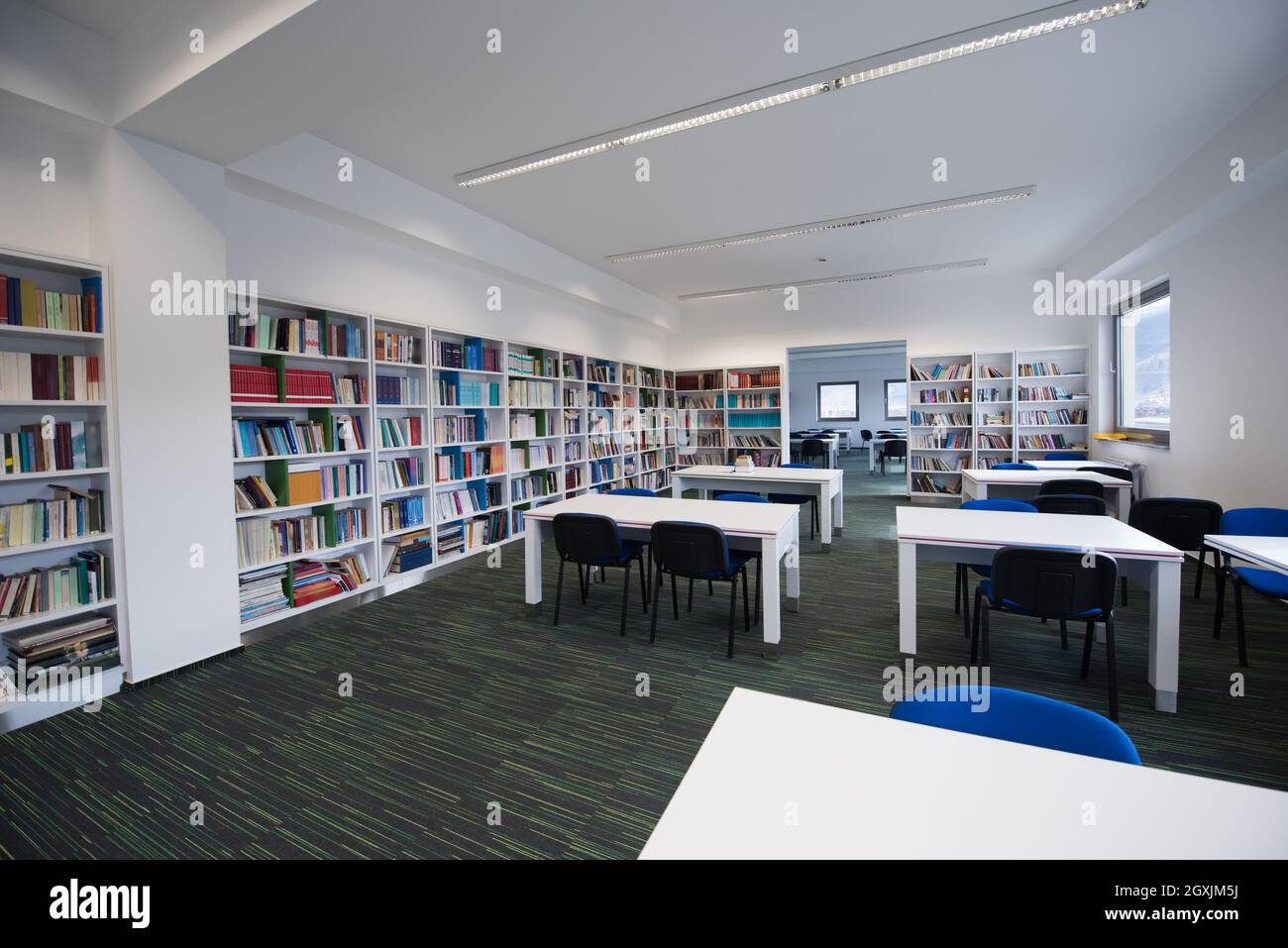 new school library interior, education and database archive concept ...
