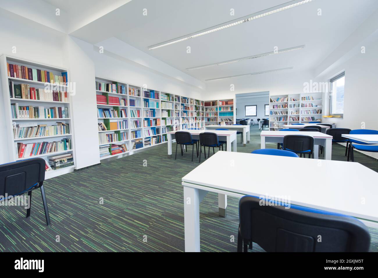 new school library interior, education and database archive concept ...