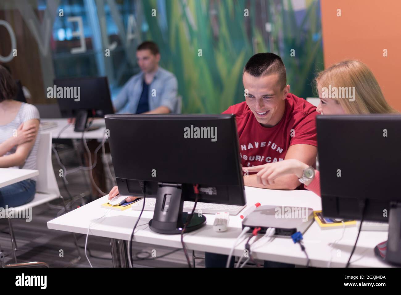 technology students group portrait in computer lab school classroom ...