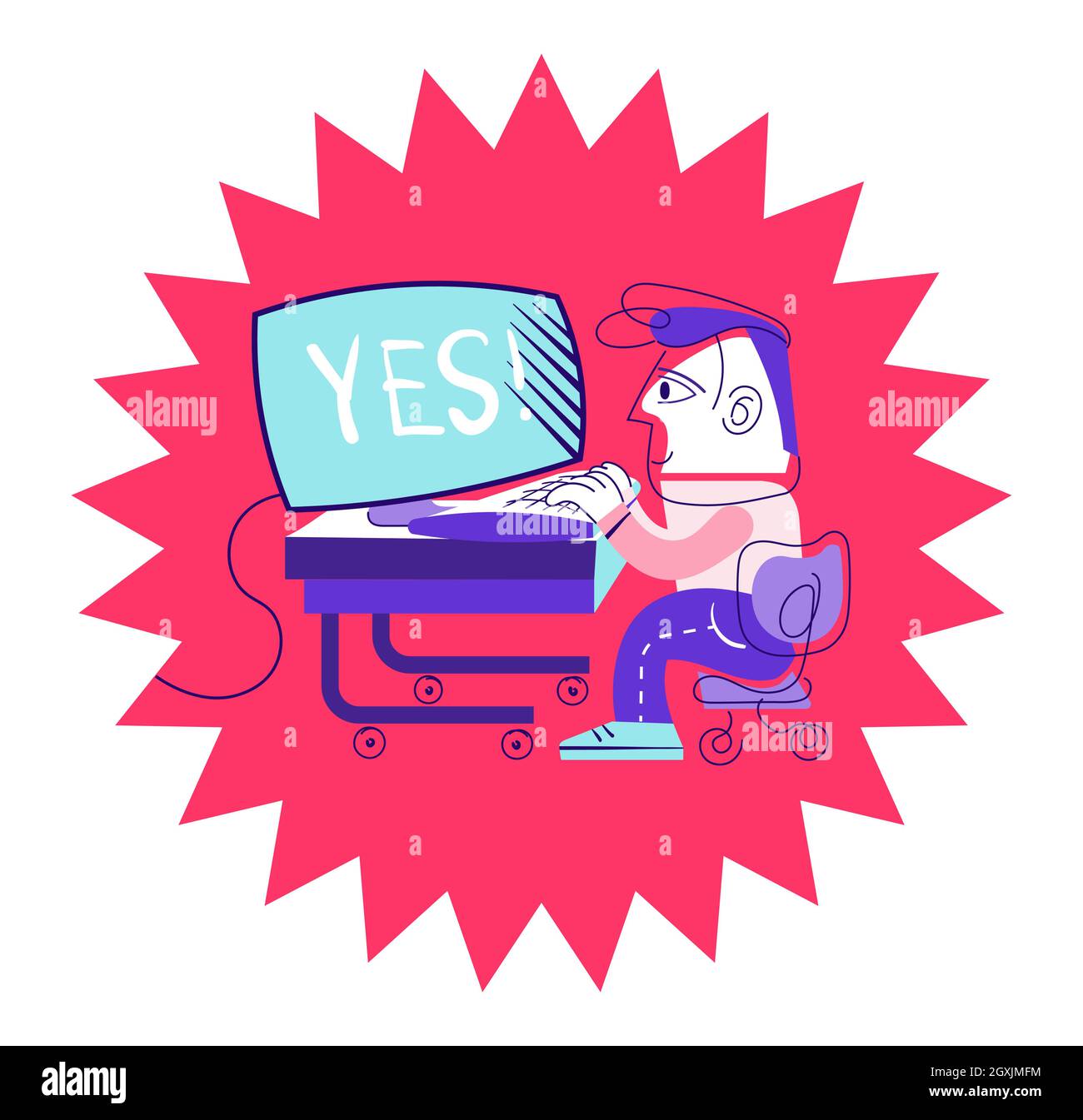 Concept of success. businessman at PC, programmer at work, cartoon ...