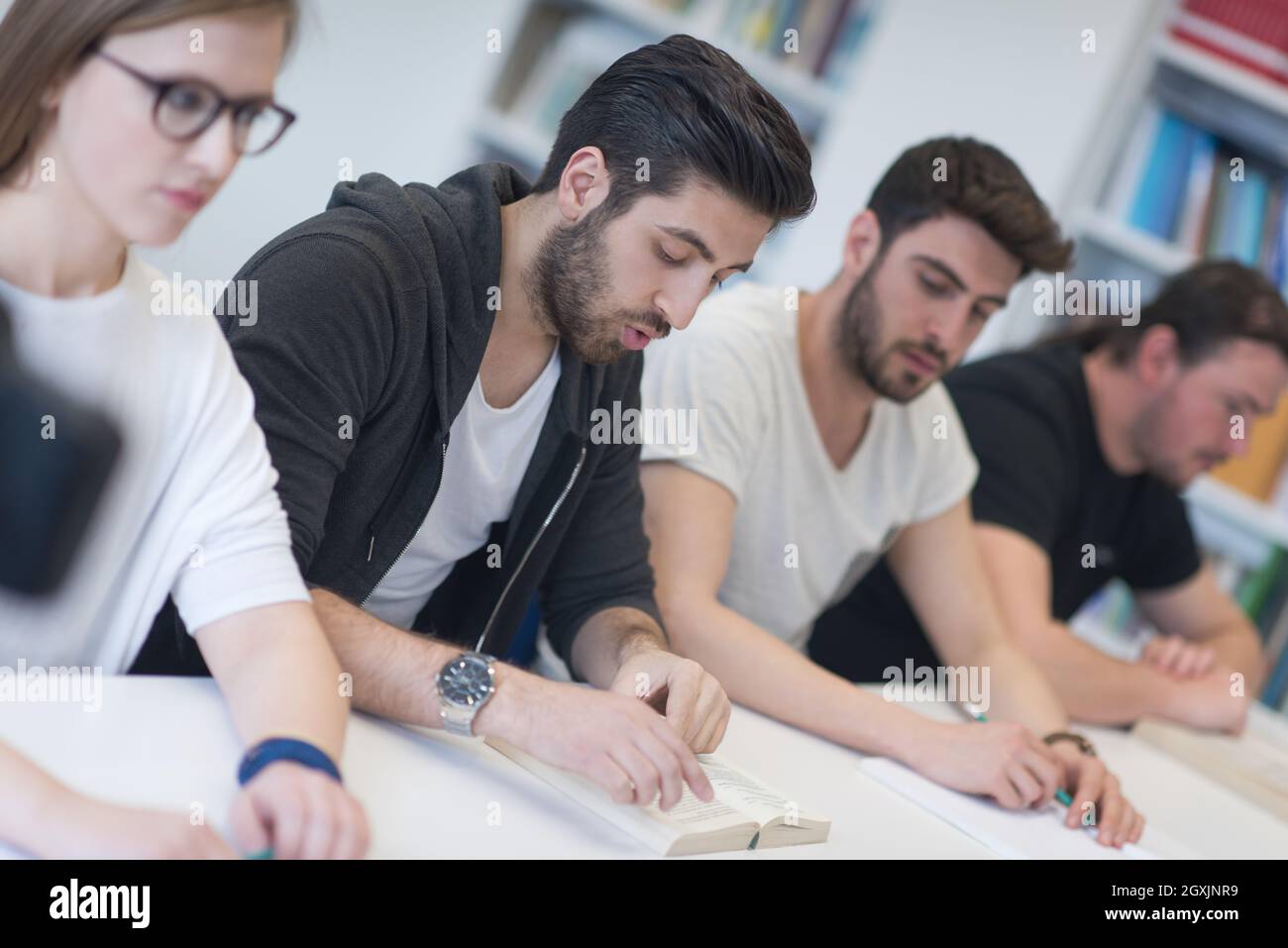 students group study together in school classroom and working together ...