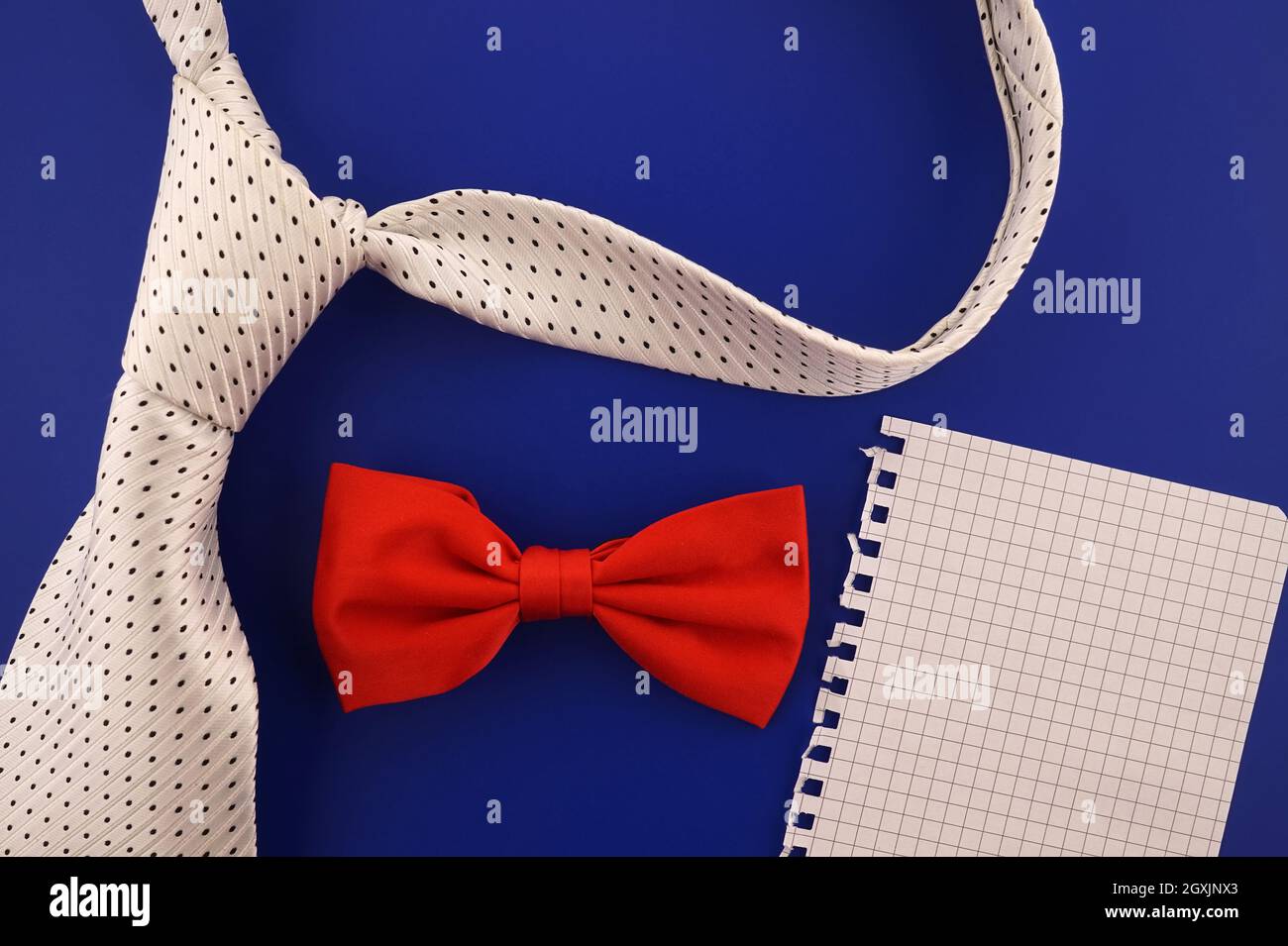 Necktie and colorful red bow tie with blank notepaper for your greeting ...