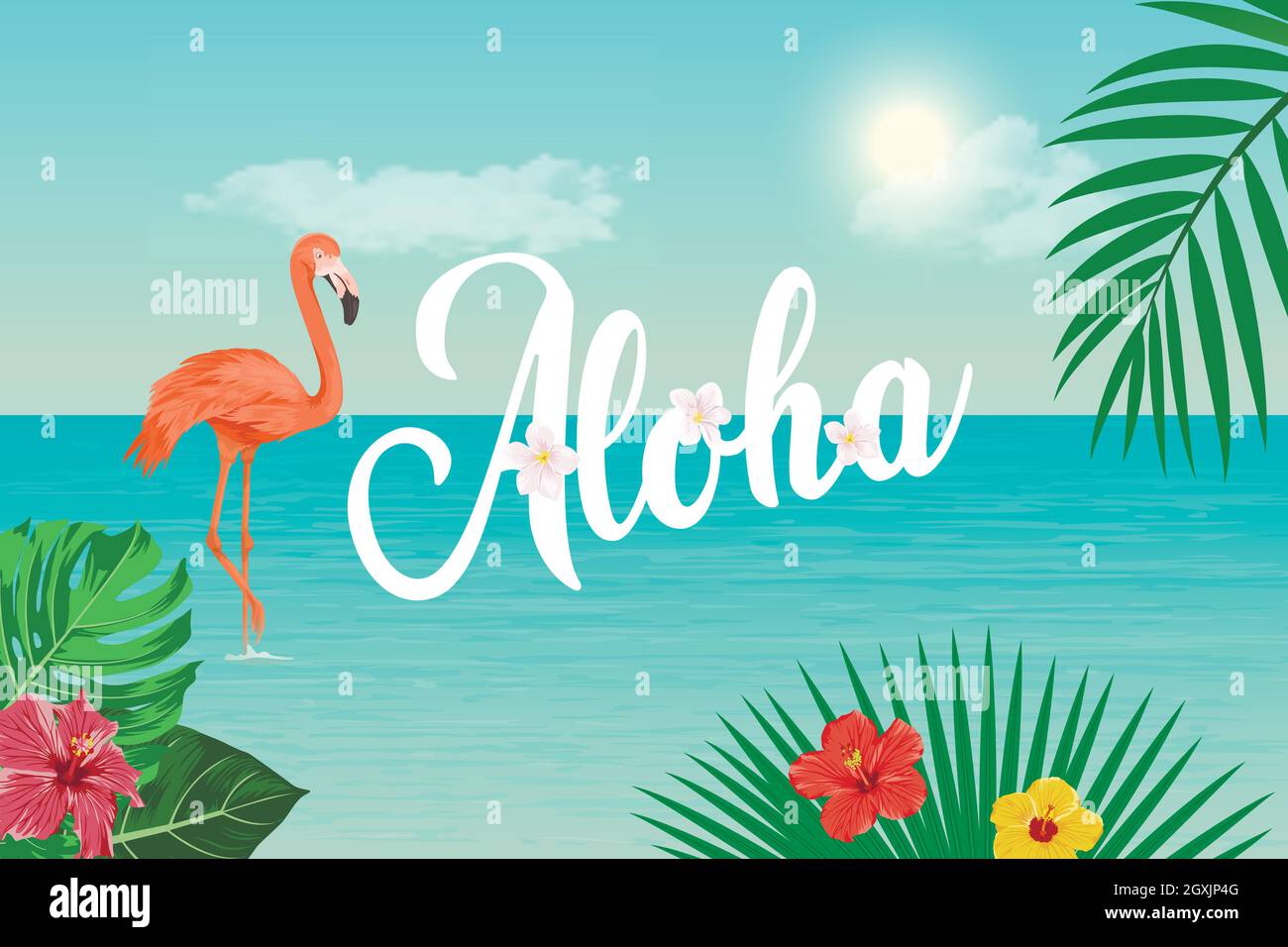 Aloha. Vector Banner, Card with Tropic Leaves, Flamingo, Flowers ...