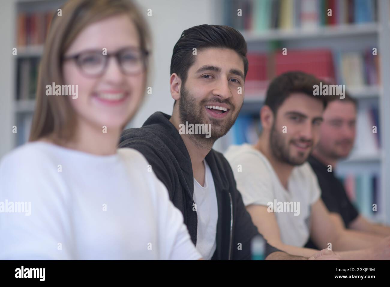 students group study together in school classroom and working together ...