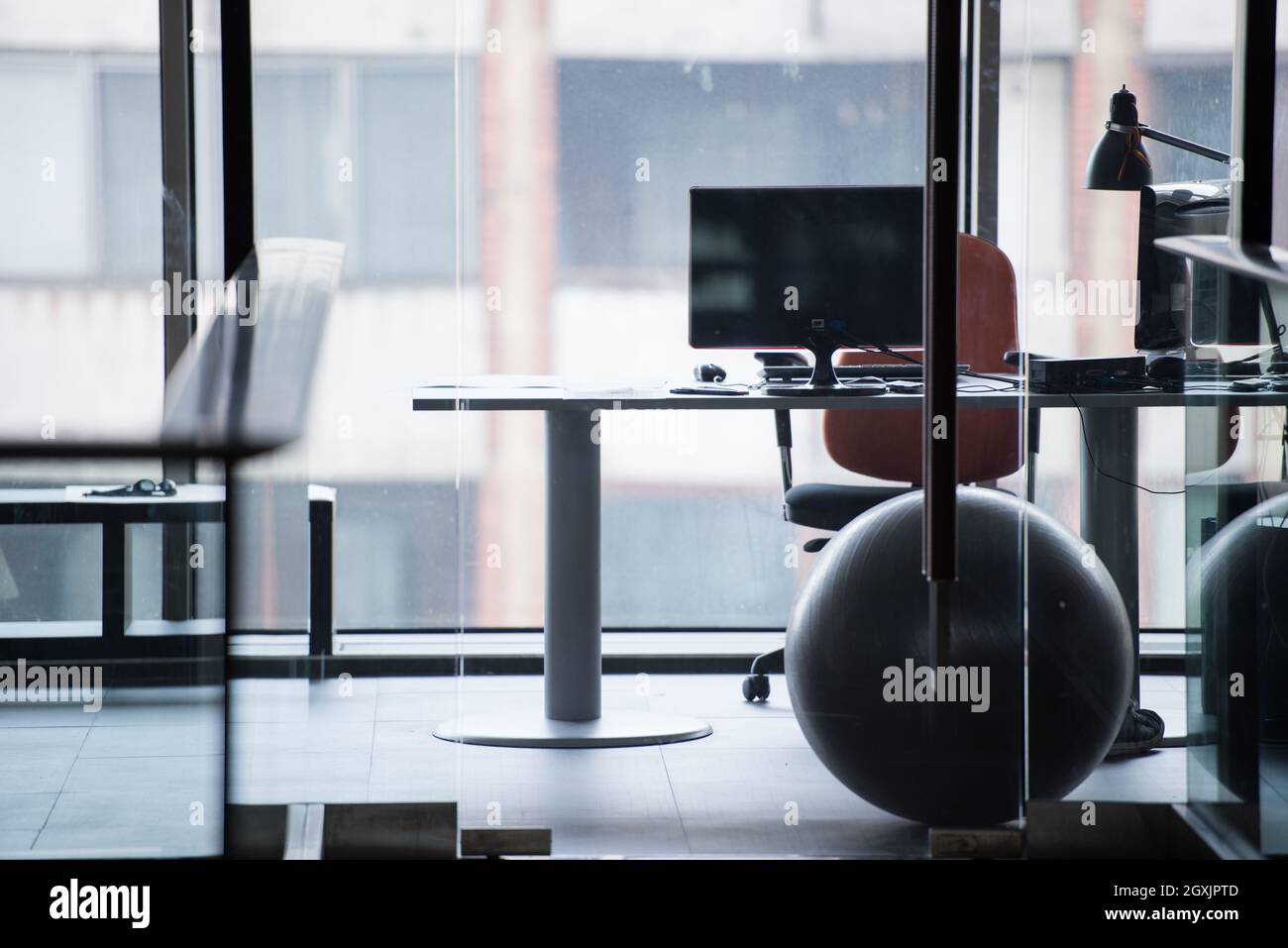 empty startup office interior with modern computers and dual screen ...