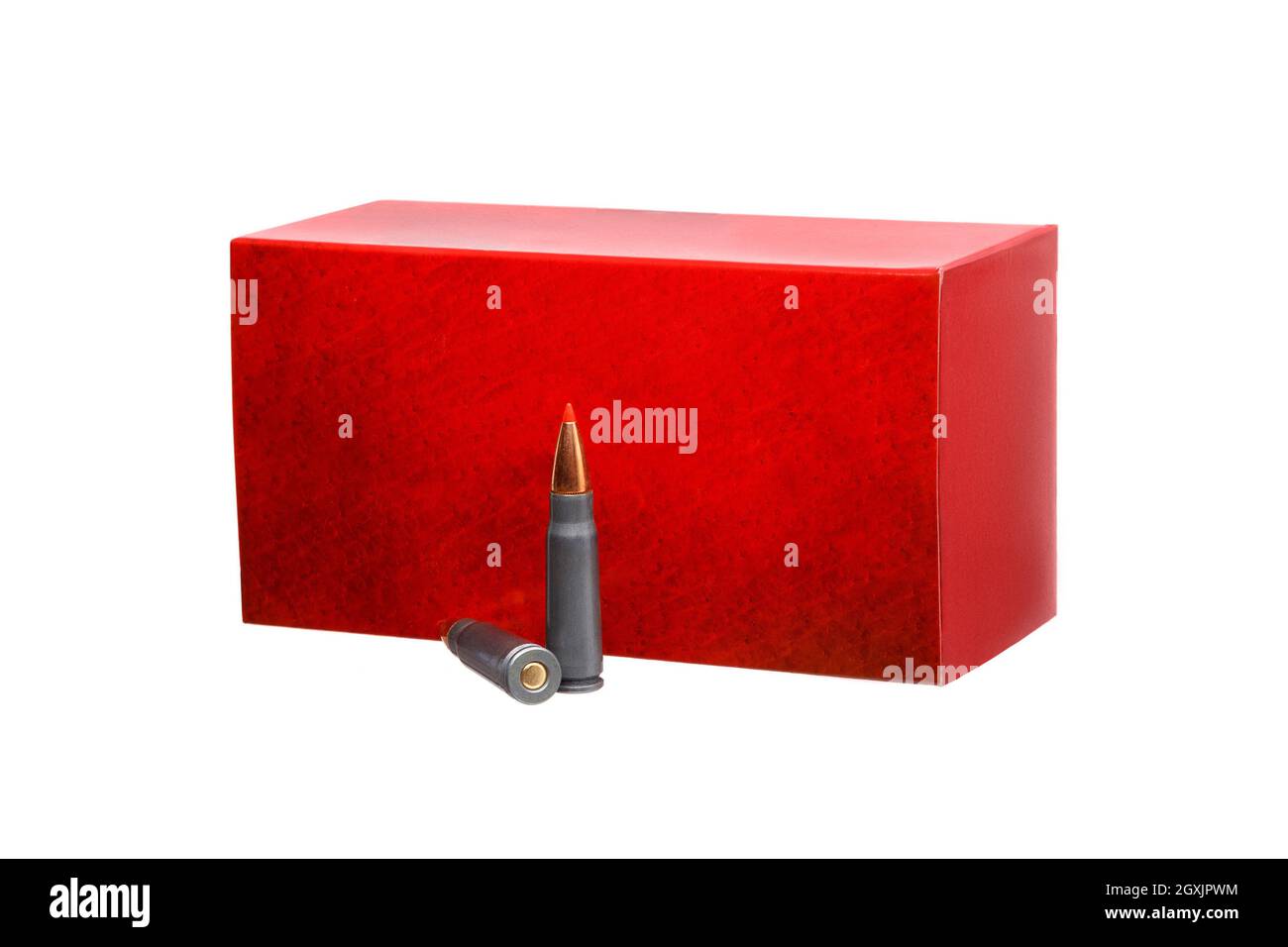 Carbine cartridges near the box. Bullets on white. Ammunition isolate ...