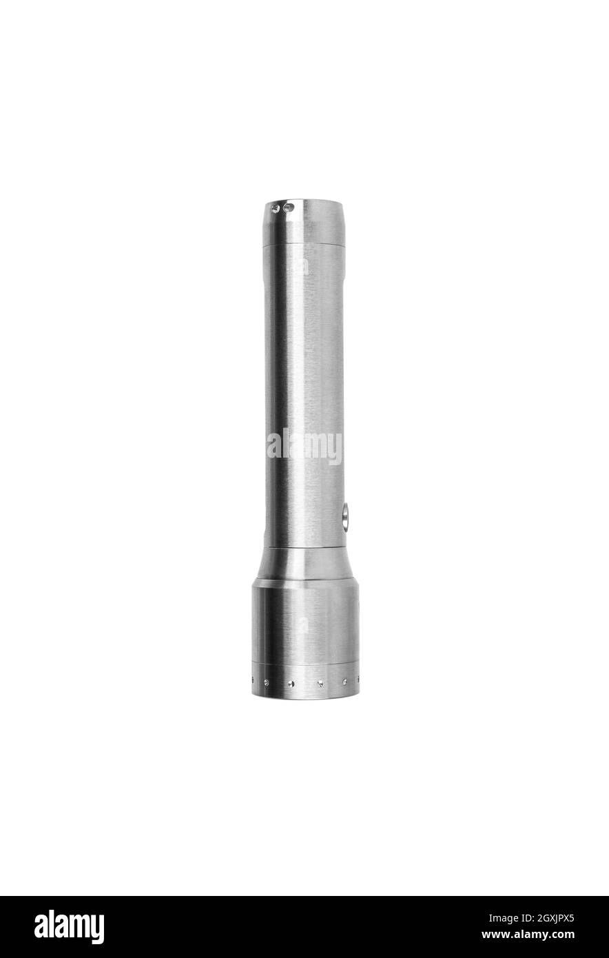 Modern silver metal LED flashlight. Pocket portable rechargeable ...