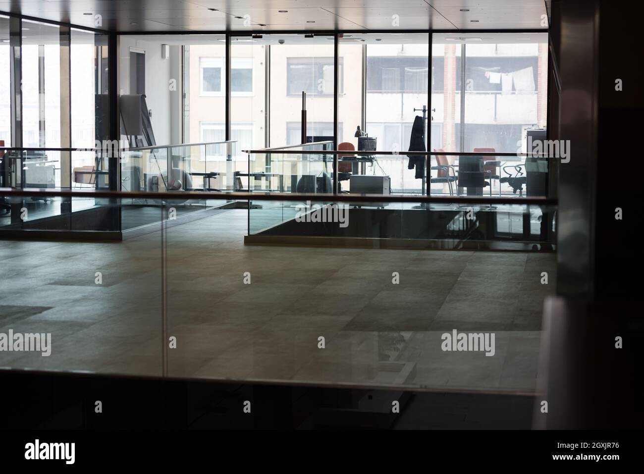 empty startup office interior with modern computers and dual screen ...