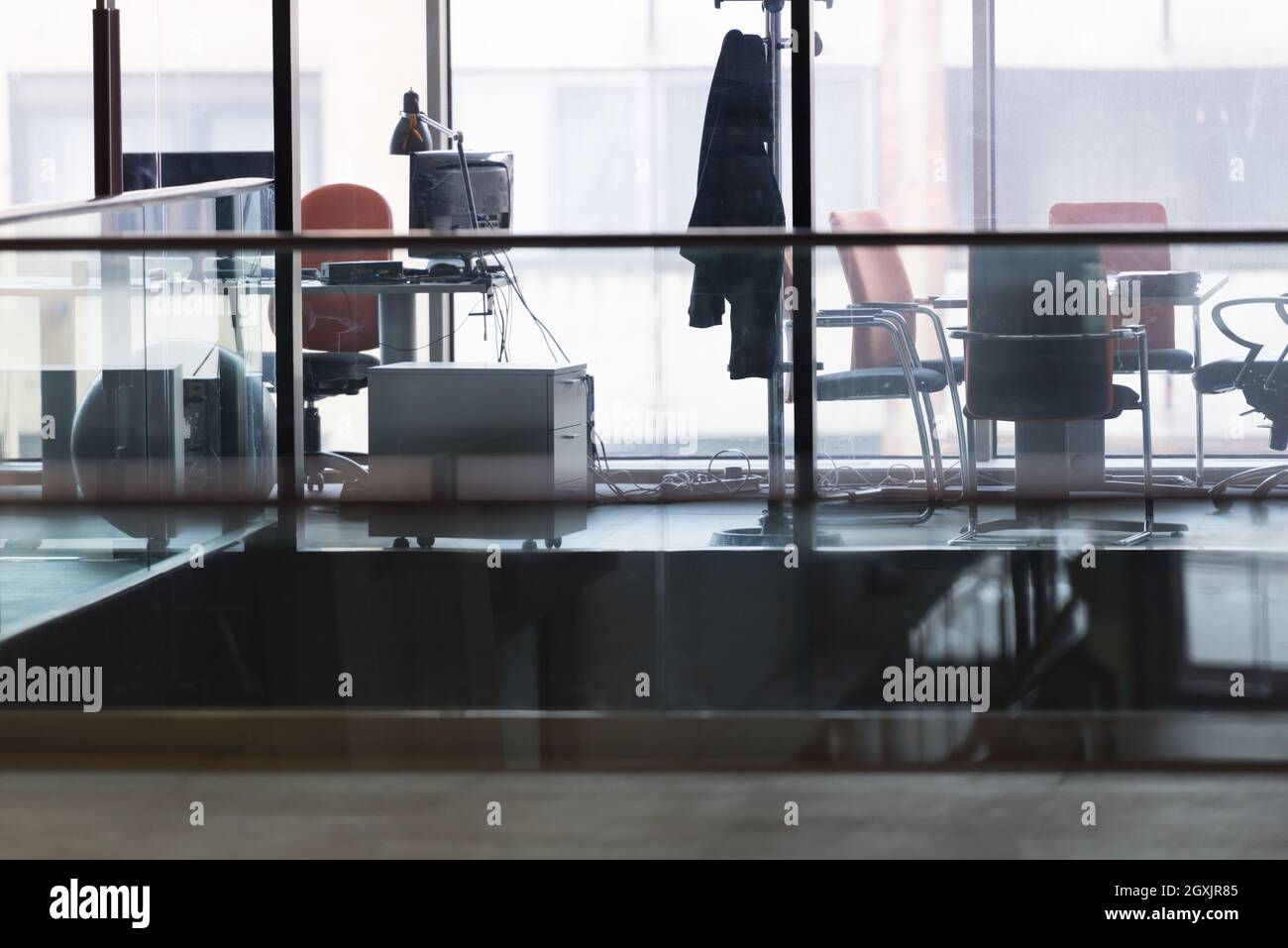 empty startup office interior with modern computers and dual screen ...