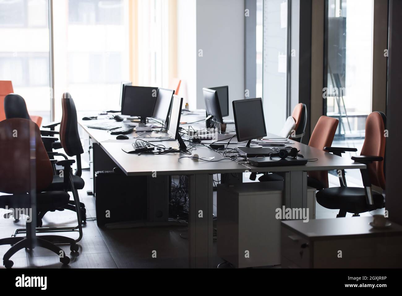 empty startup office interior with modern computers and dual screen ...