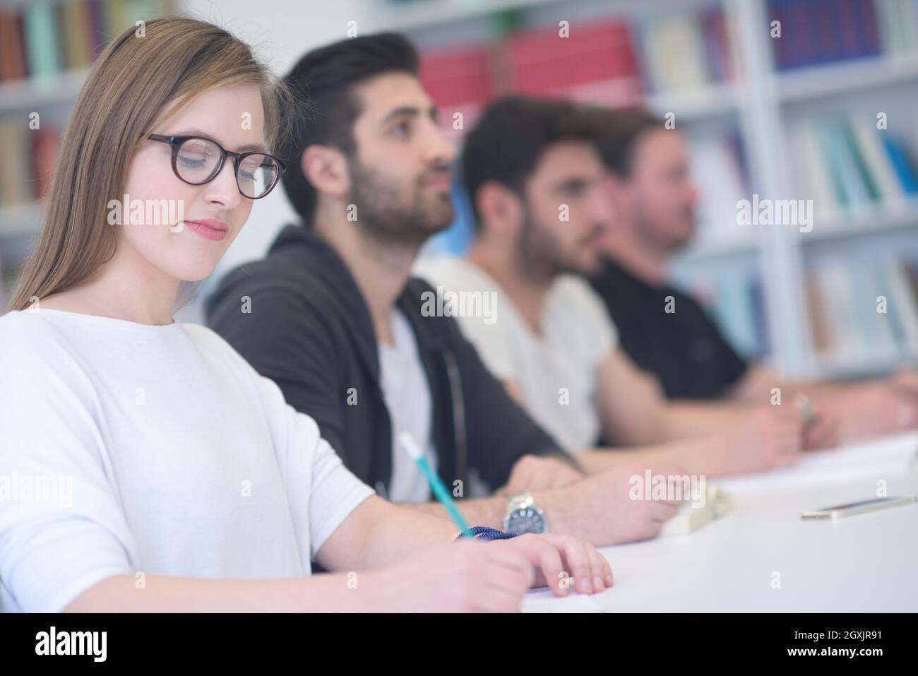 students group study together in school classroom and working together ...