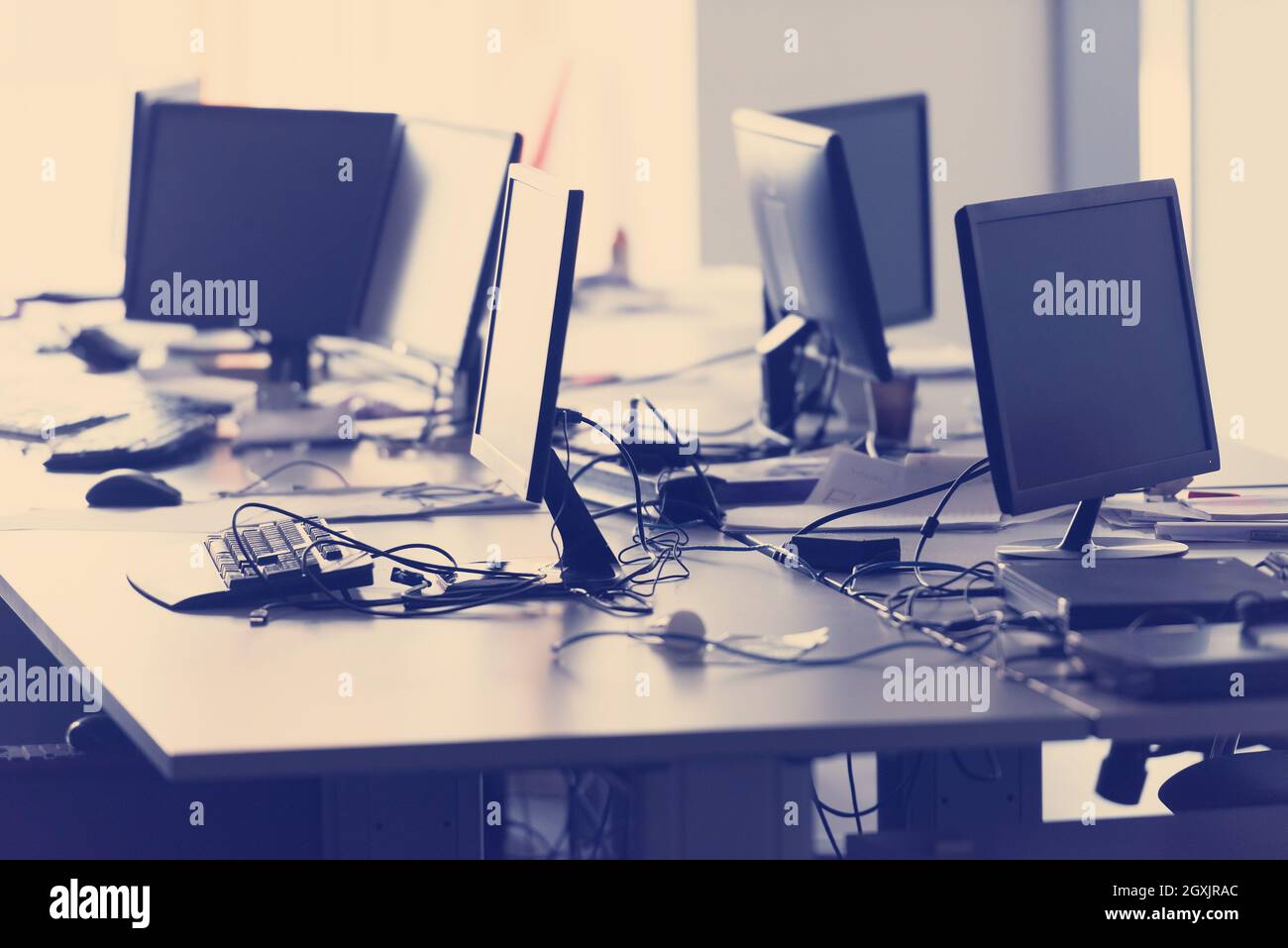 empty startup office interior with modern computers and dual screen ...