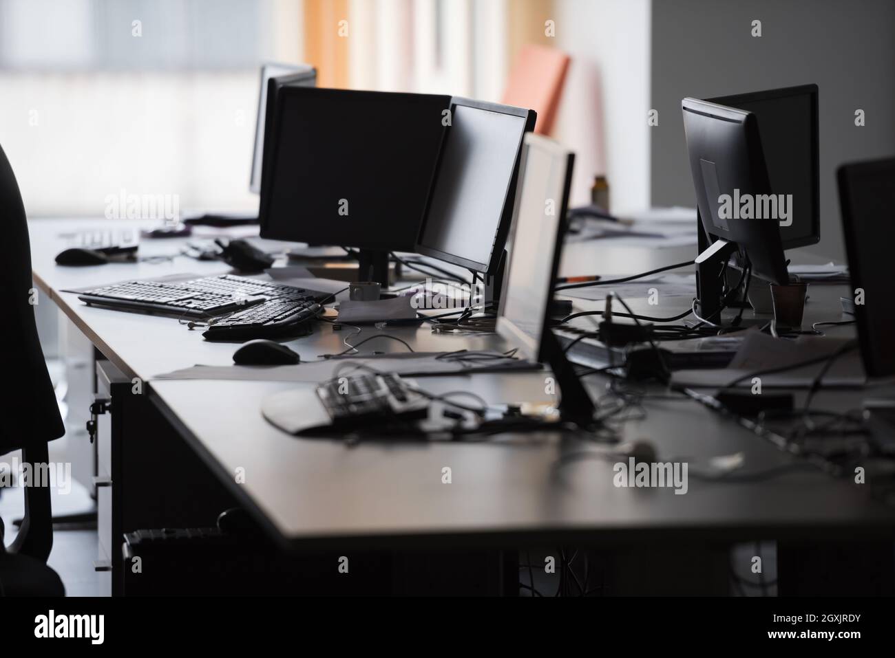 empty startup office interior with modern computers and dual screen ...