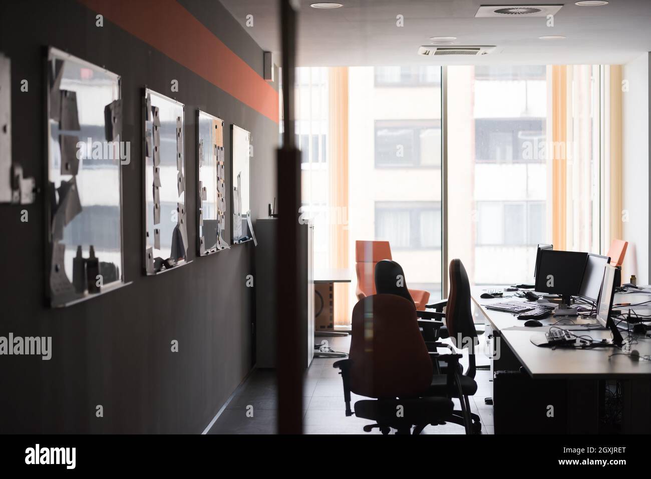 empty startup office interior with modern computers and dual screen ...