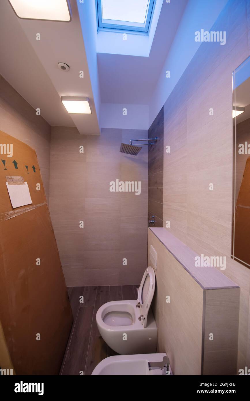 work in progress luxury stylish unfinished bathroom interior with ...