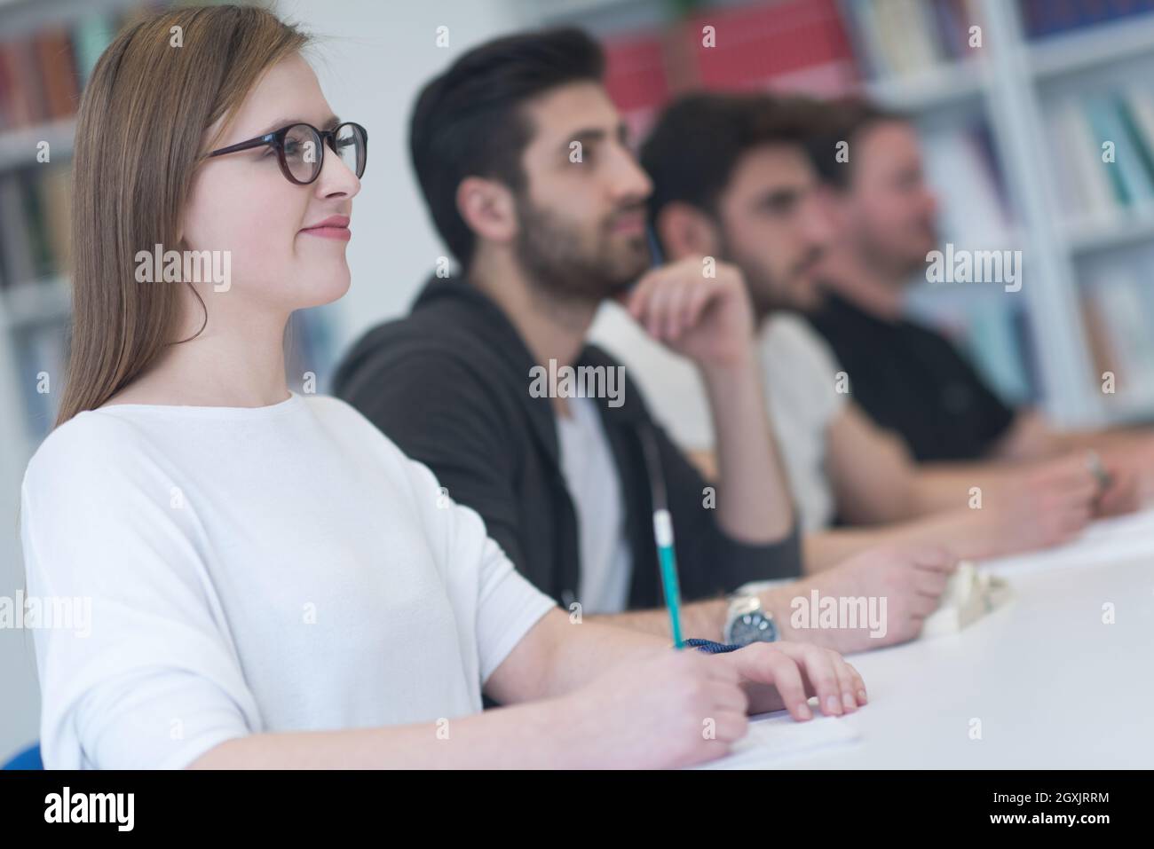 students group study together in school classroom and working together ...