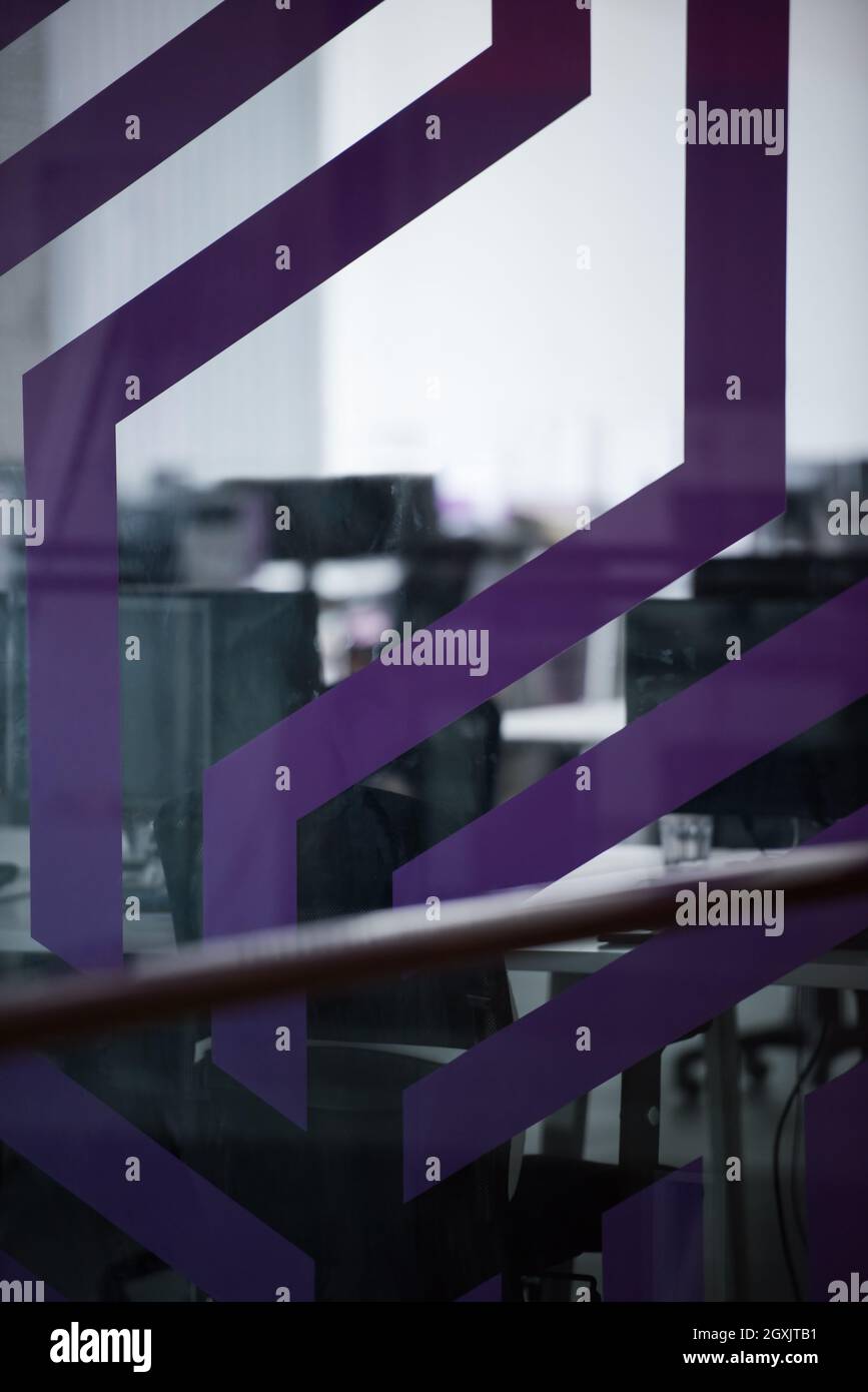empty startup office interior with modern computers and dual screen ...