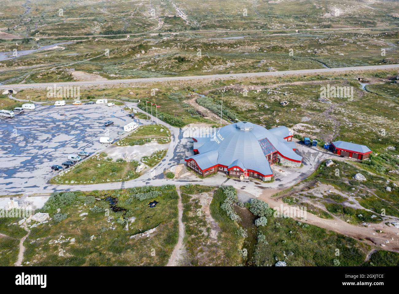 Aerial view of the polar center at the polar circle, E6 highway, Norway ...