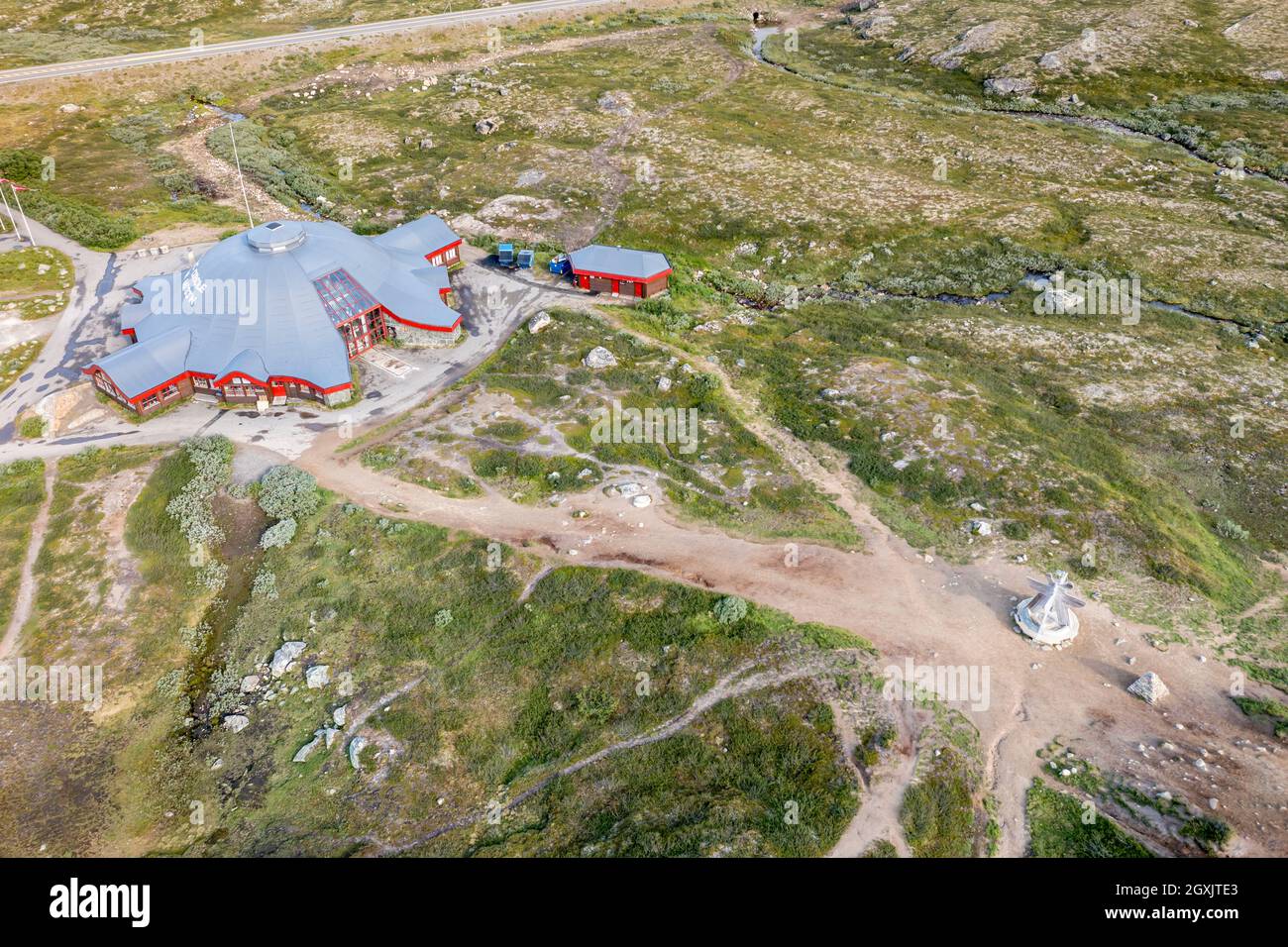 Aerial view of the polar center at the polar circle, E6 highway, Norway ...