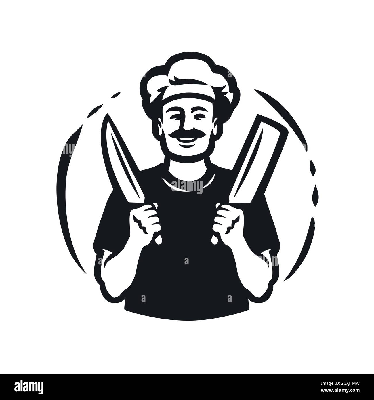 Chef character with knives, logo. Butcher shop emblem, food concept ...