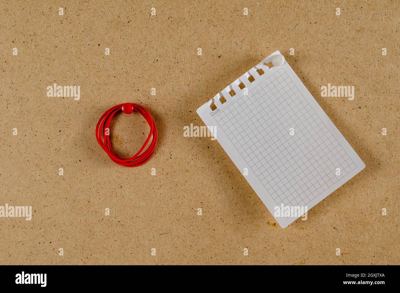 Checkered page and rubber bands pinned vertically against brown ...