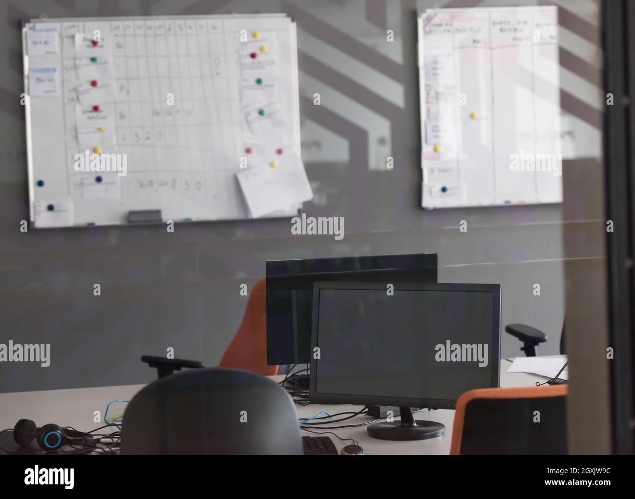 empty startup office interior with modern computers and dual screen ...