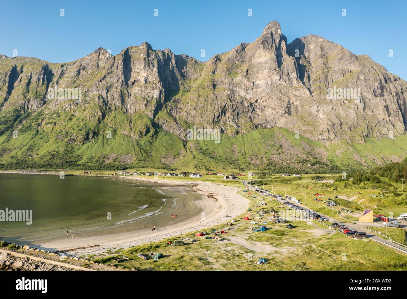 Aerial view of campsite at beach Ersfjordstranden, fjord Ersfjord ...
