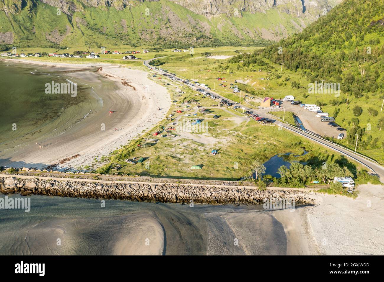 Aerial view of campsite at beach Ersfjordstranden, fjord Ersfjord ...