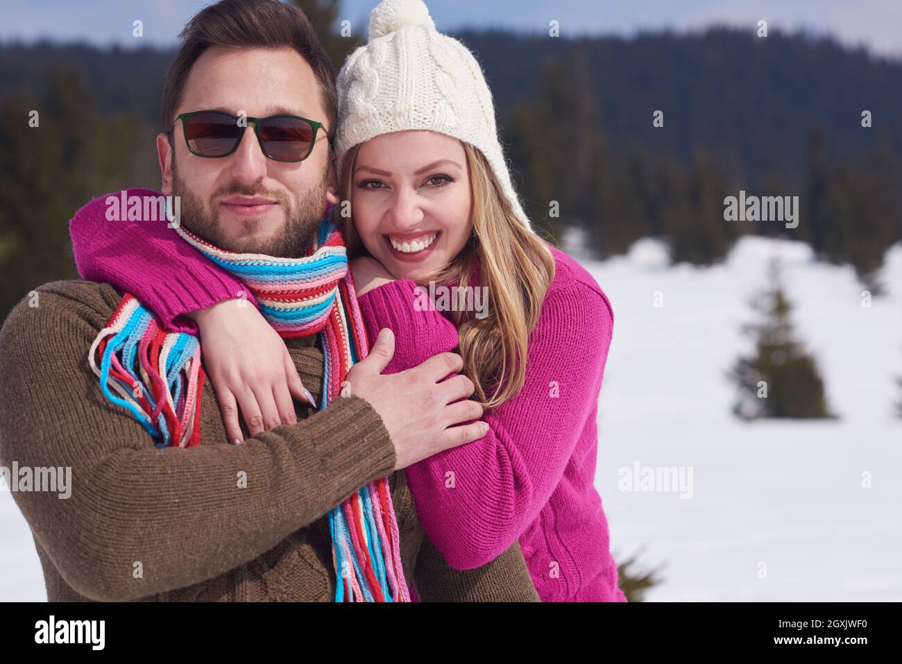 portrait of happy young romantic tourist couple outdoor in nature at ...