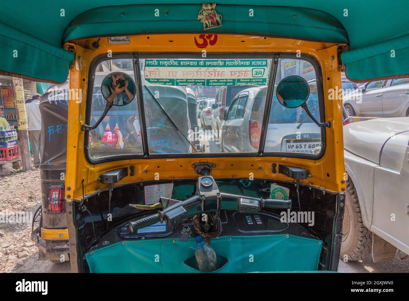 VARANASI, INDIA - OCTOBER 25, 2016: View from a auto rickshaw on a ...